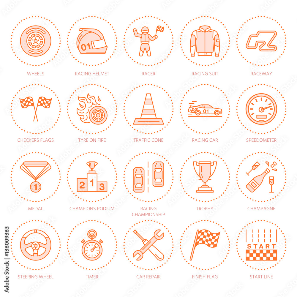 Car racing vector line icons. Speed auto championship signs - track ...