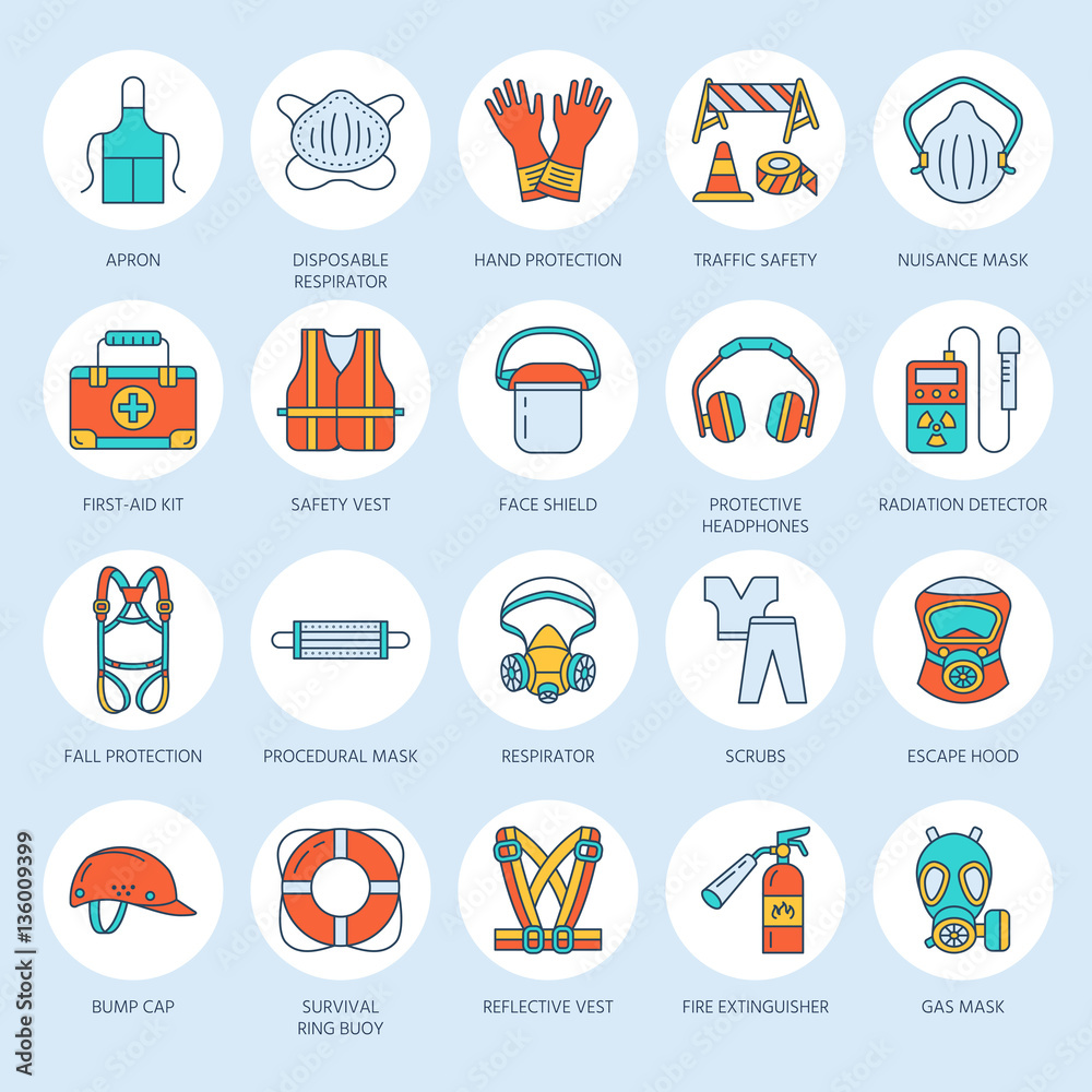 Personal protective equipment line icons. Gas mask, ring buoy ...