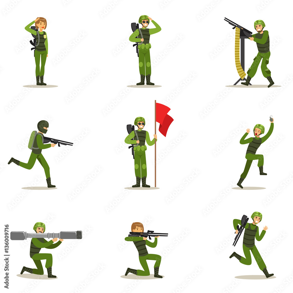 Infantry Soldiers In Full Military Khaki Uniform With Guns During War ...