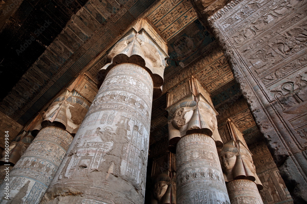 Pillars decorated with face of the Egyptian goddess Hathor in Dendera ...