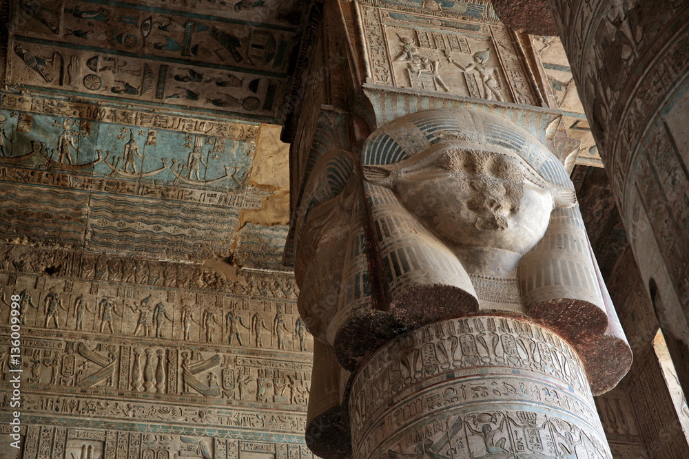 Pillars decorated with face of the Egyptian goddess Hathor in Dendera ...