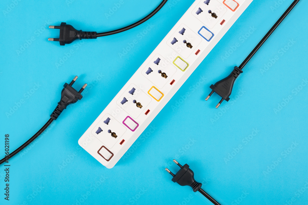 Top view of empty electrical power strip or extension block on colorful ...