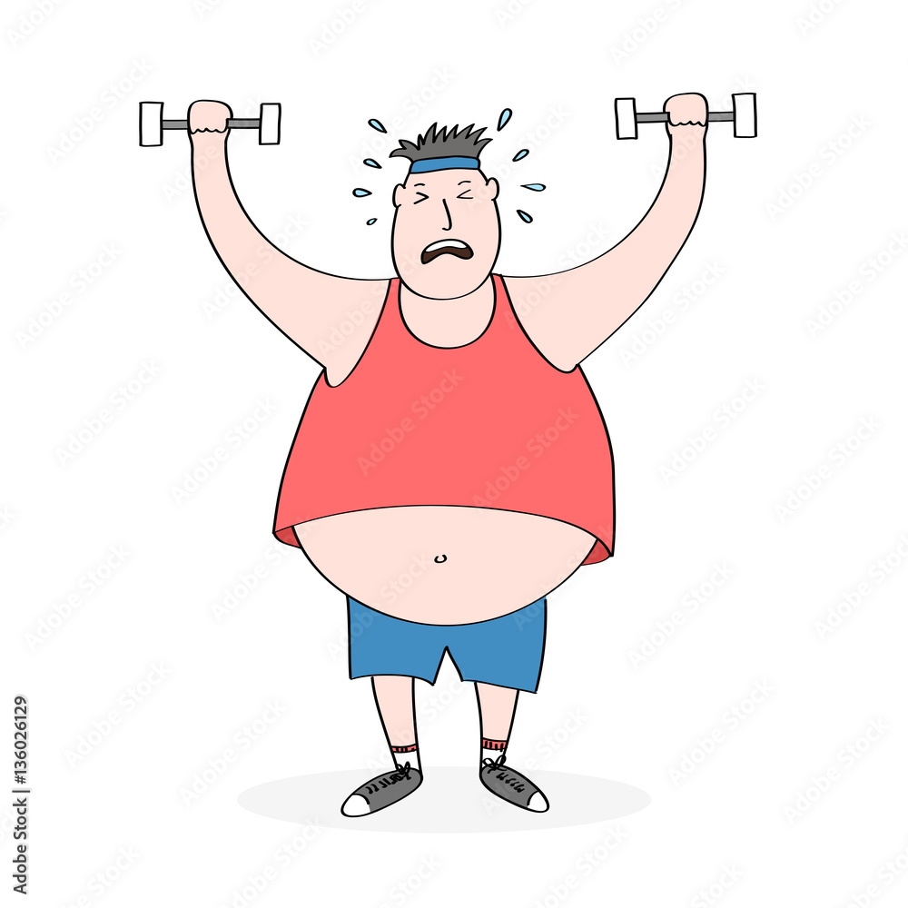 Cartoon fat man lifting weights Stock Vector | Adobe Stock