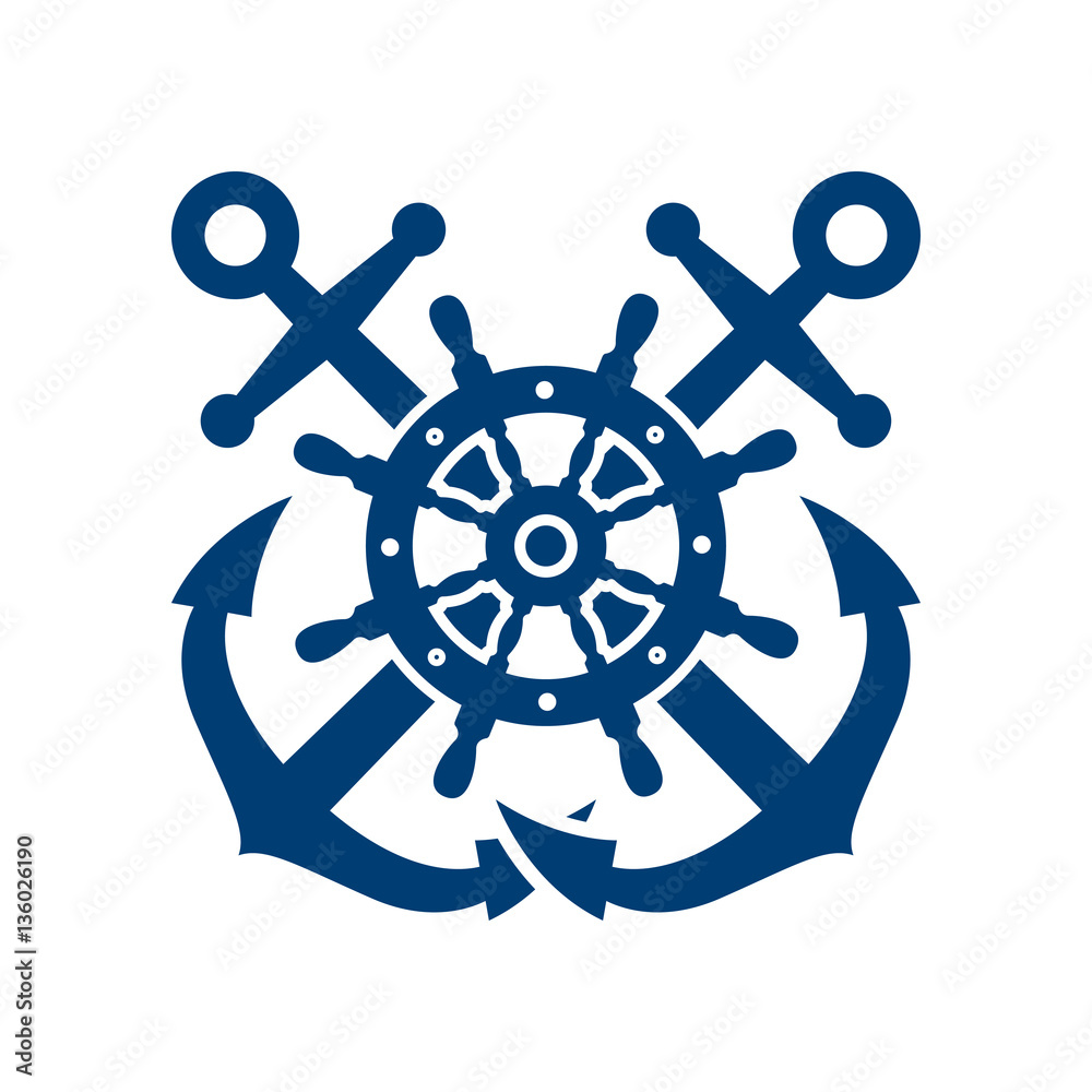 Icono plano timon sobre anclas azul en fondo blanco Stock Vector ...