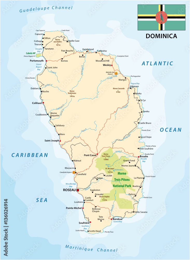 dominica road vector map with flag, Lesser Antilles Stock Vector ...
