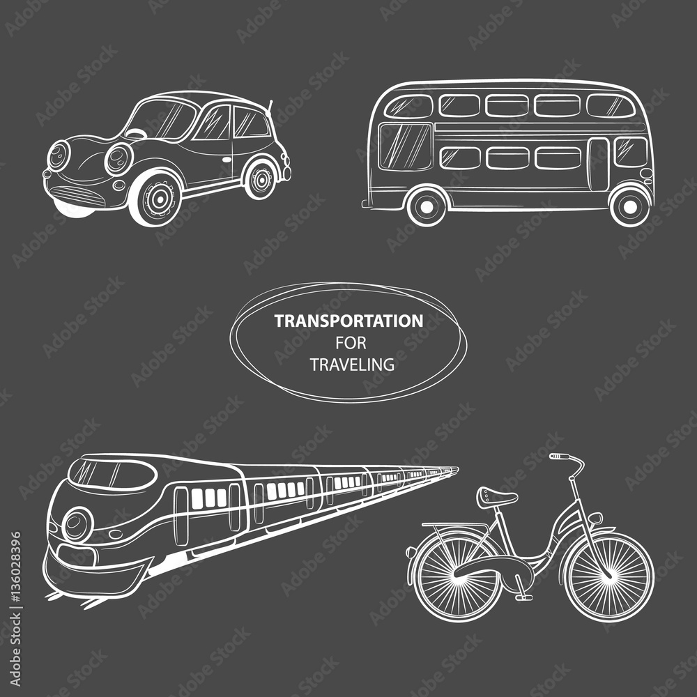 Hand draw sketch Transportation Travel icons: train, bus, car, bike ...