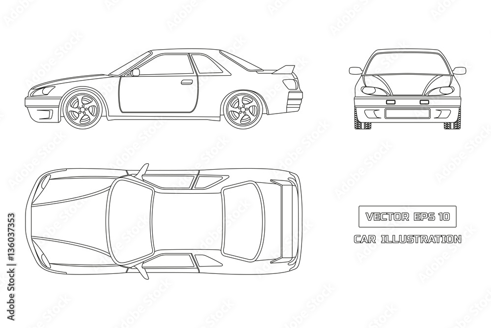 Contour drawing of the car on a white background. Top, front and side ...