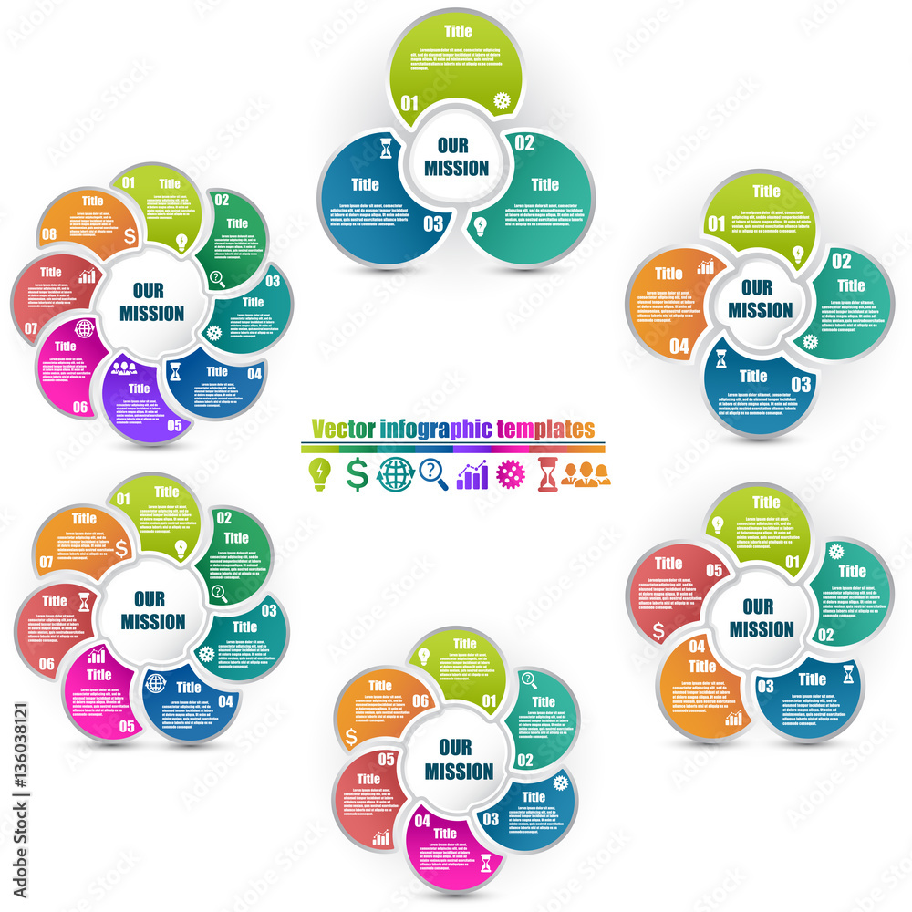 Set of circle infographic templates same style with 3-8 steps and ...