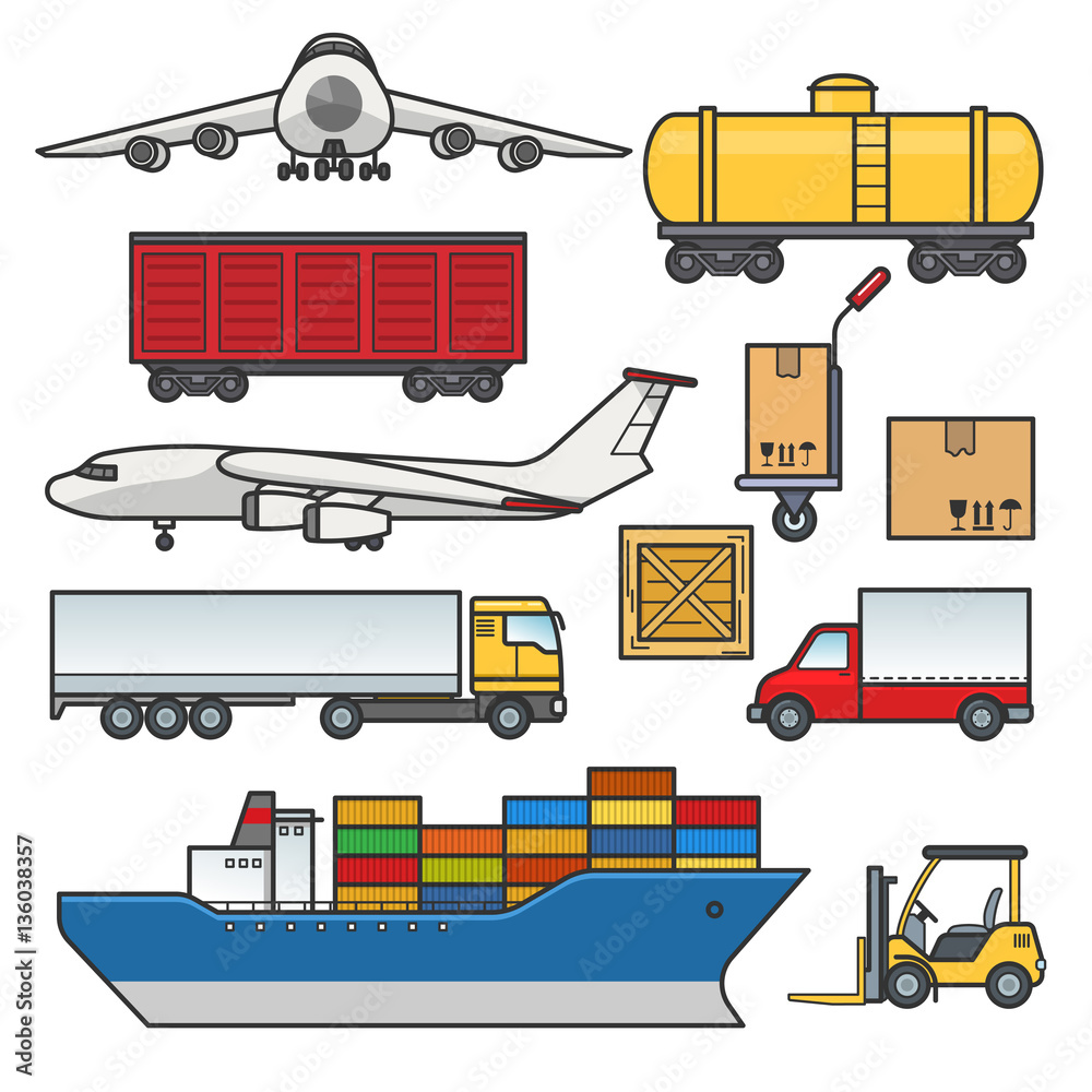 Freight transport icons set. Cargo and delivery, logistics flat outline ...
