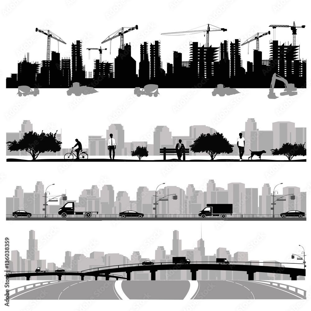 Vector illustration.City skyline.Construction ,park and highway ...