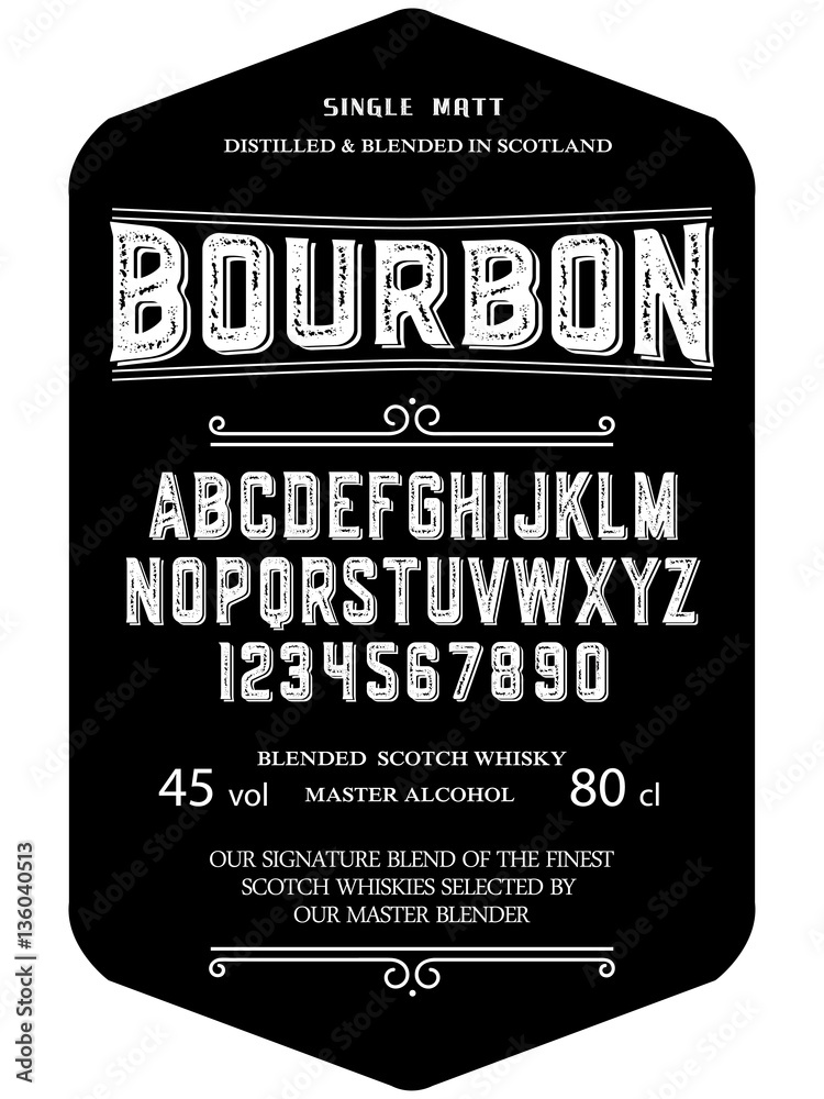 Typeface. Label. Bourbon typeface, labels and different type designs ...