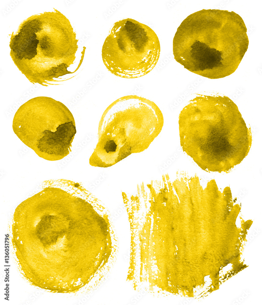 Set of watercolor yellow stains, isolated on white background. Textures ...