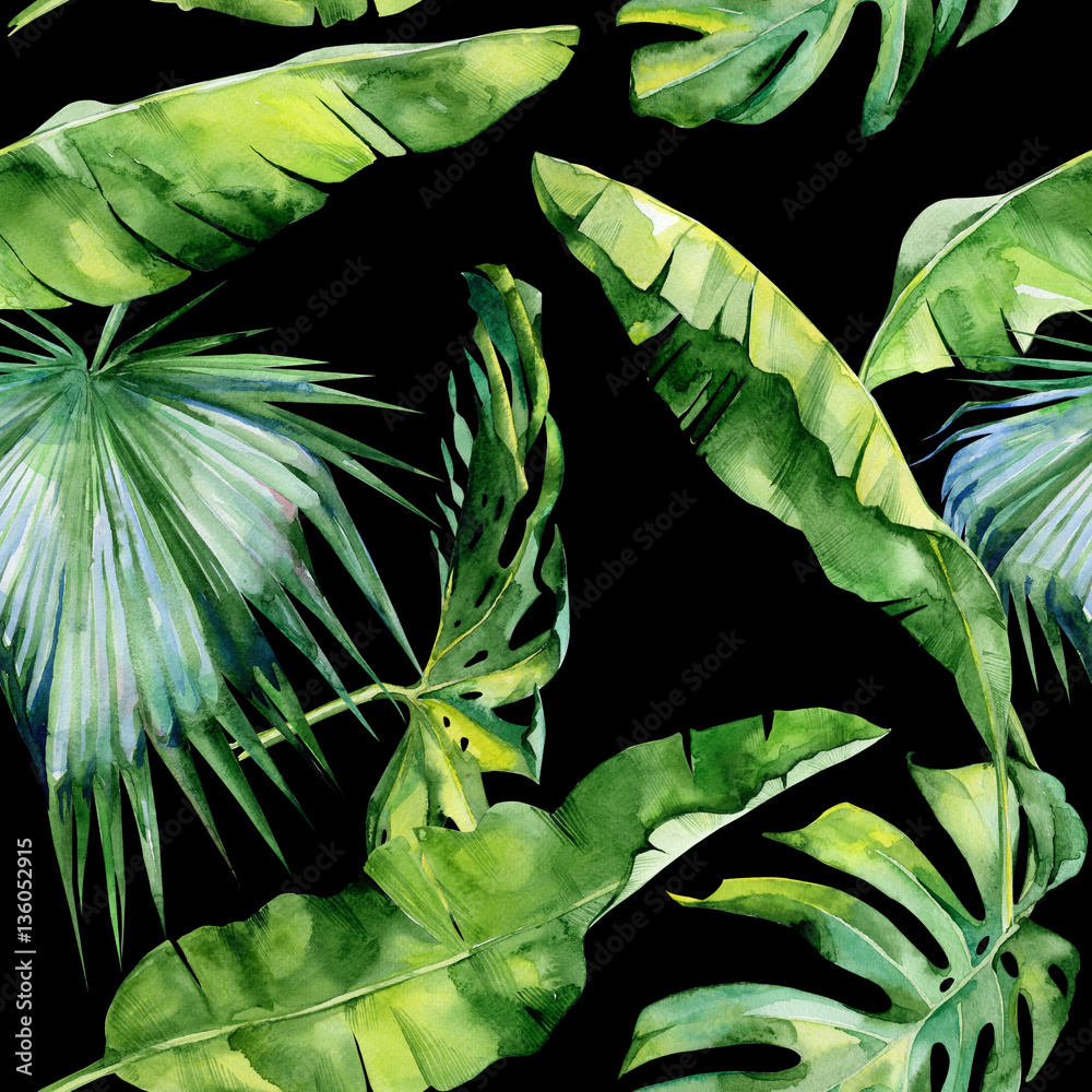 Seamless watercolor illustration of tropical leaves, dense jungle ...