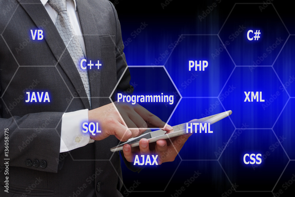 Programmer touching modern tablet with virtual panel of programm Stock ...