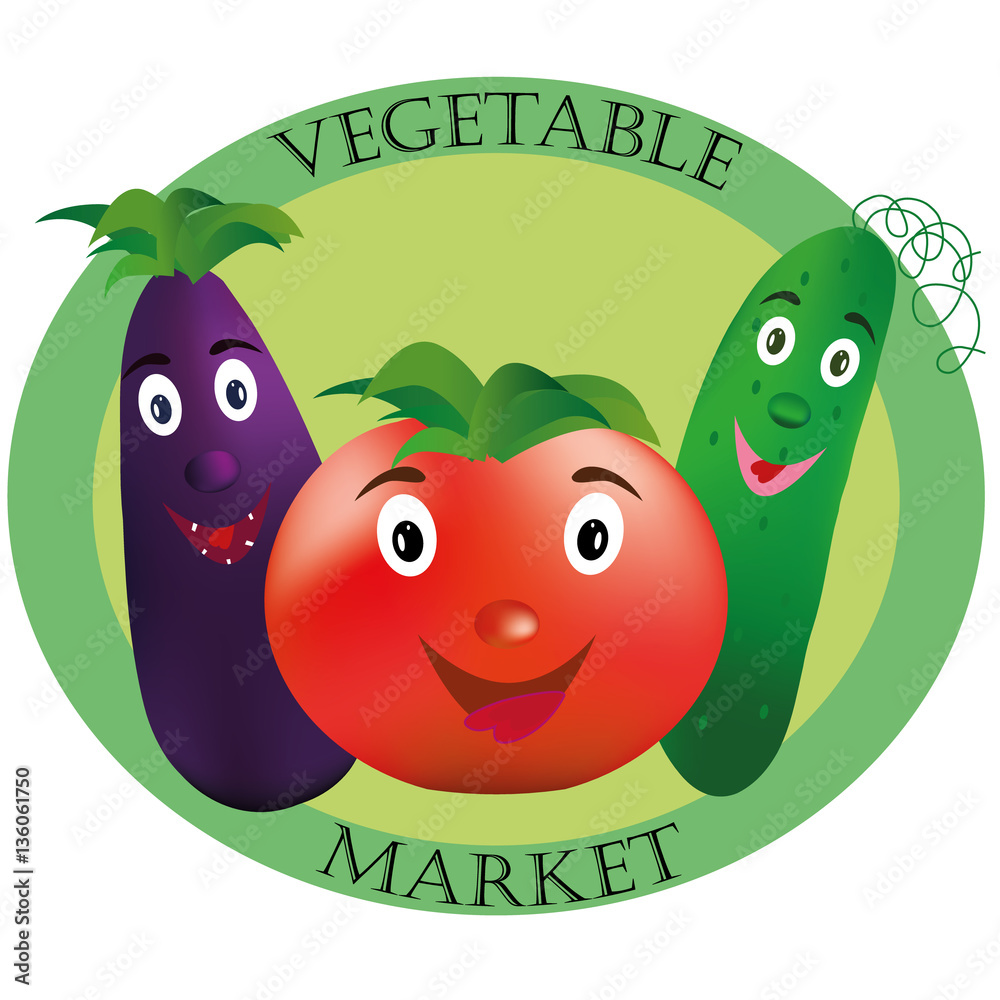 Logo for vegetable market. Tomato, cucumber and eggplant on green ...