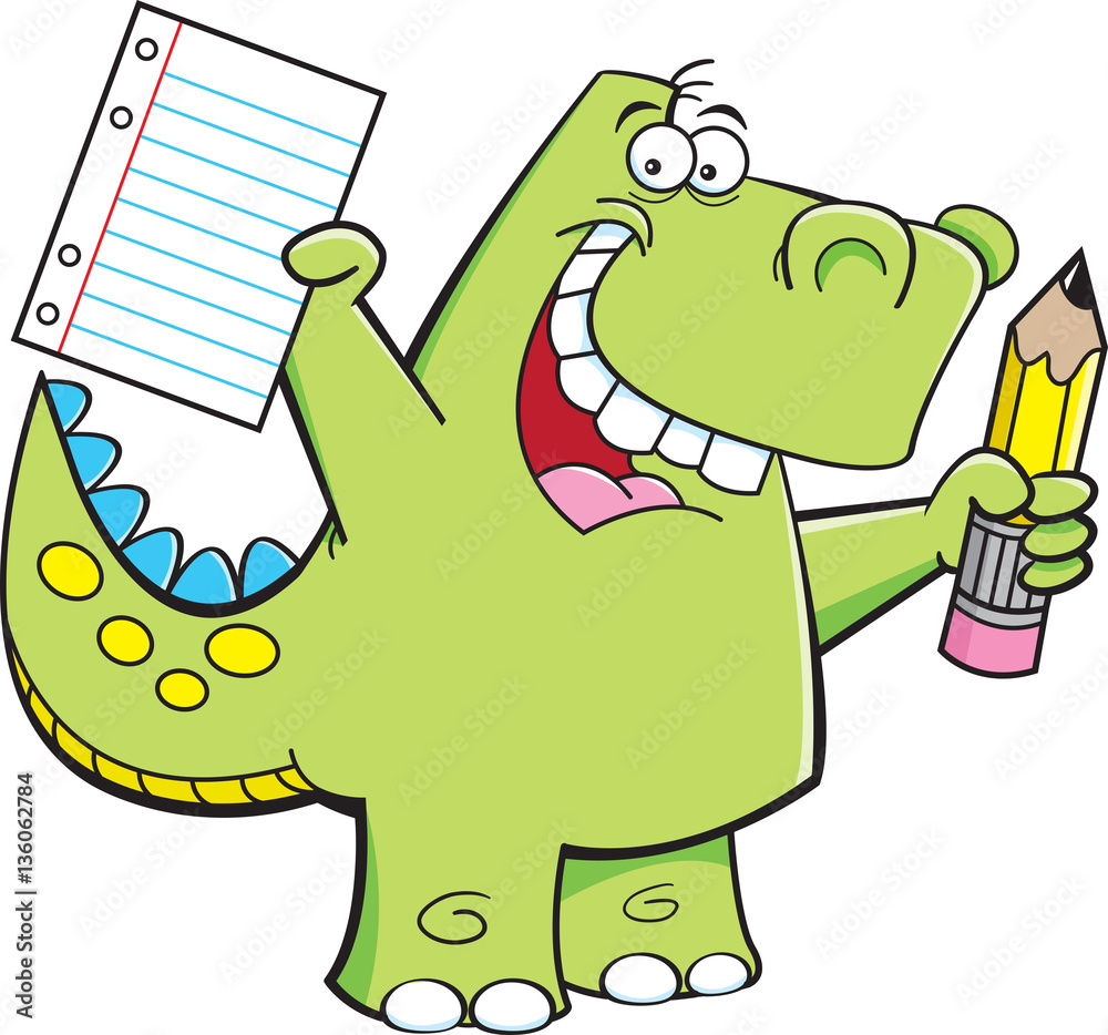 Cartoon illustration of a dinosaur holding a paper and pencil. Stock ...