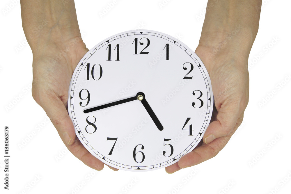 Nearly time to go home - female hands holding a clock face showing ...