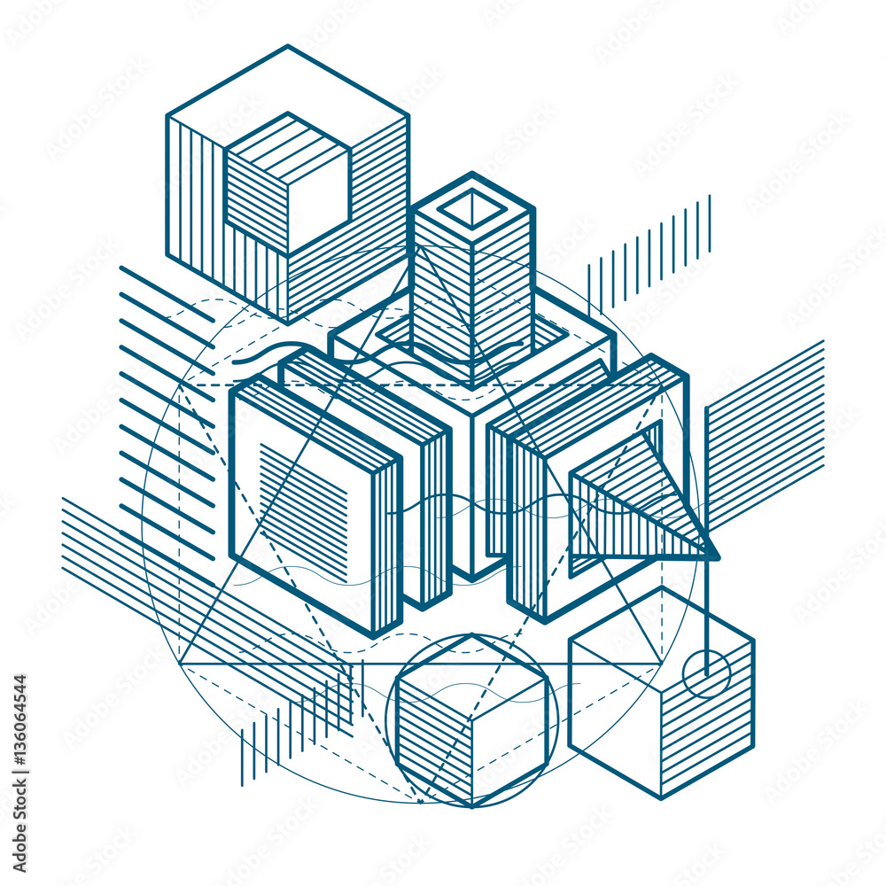 Vector background with abstract isometric lines and figures. Tem Stock ...