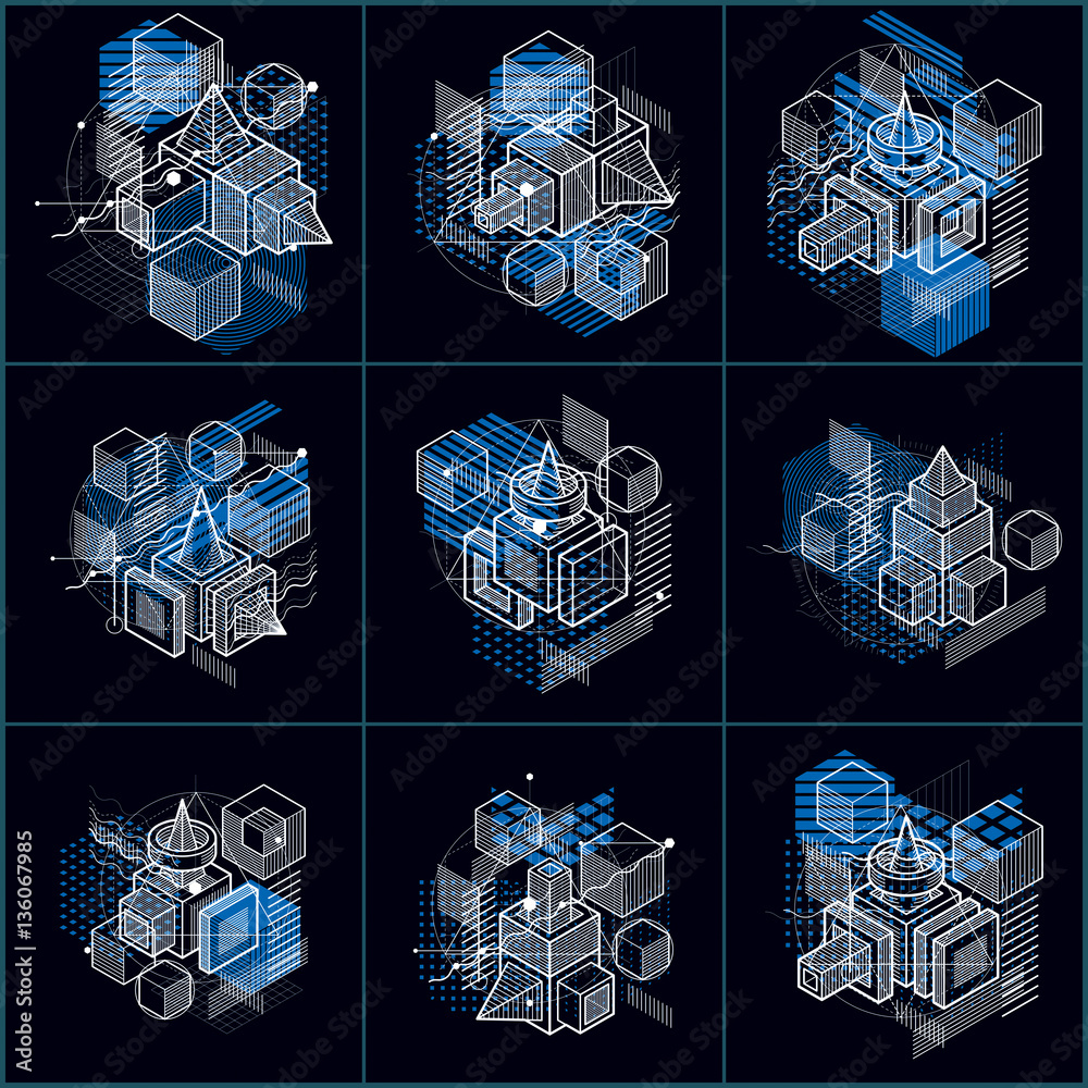 Abstract designs with 3d linear mesh shapes and figures, vector Stock ...