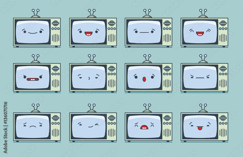 Set of vector kawaii retro TV emoticons. Isolated on pale blue ...