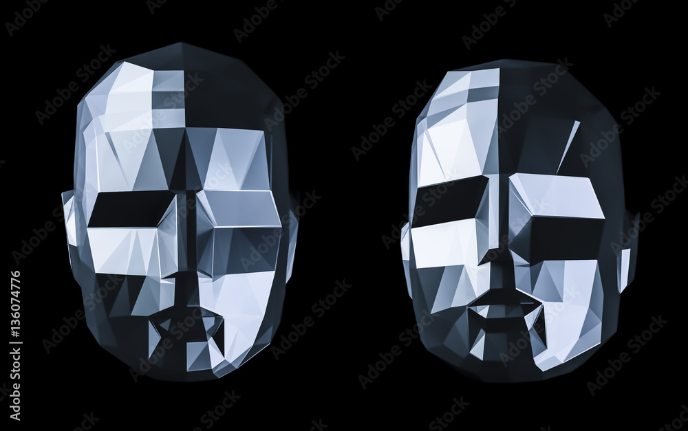 Abstract robot polygonal head from different angles on black background ...