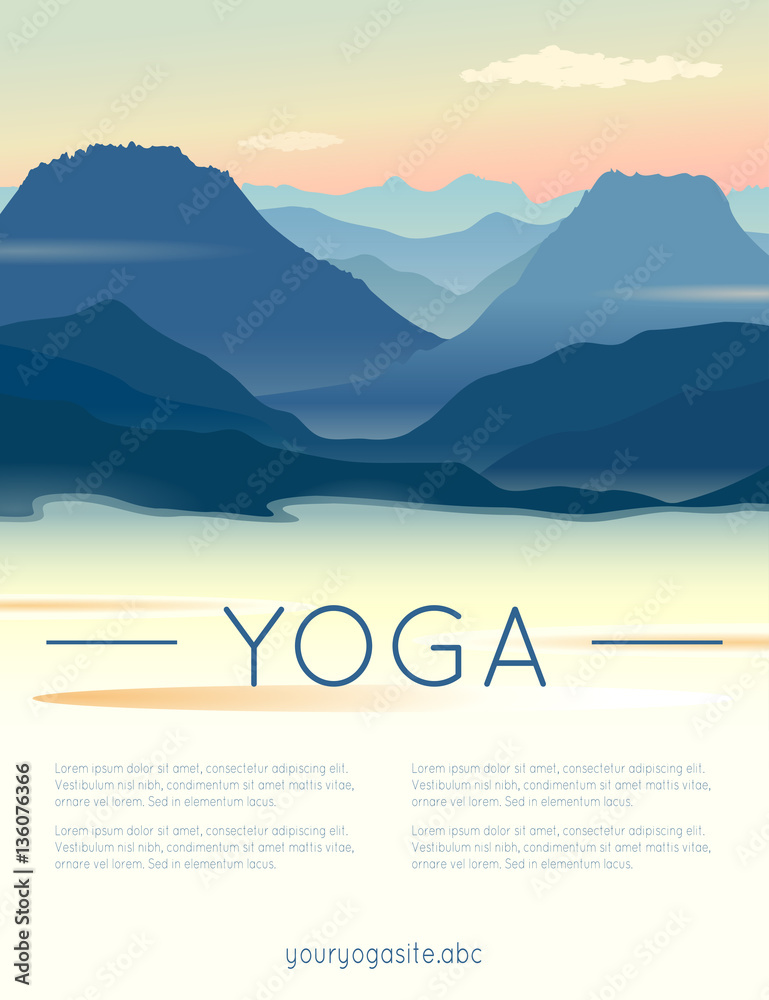 Vector yoga illustration with mountains landscape, lake, sunrise and ...