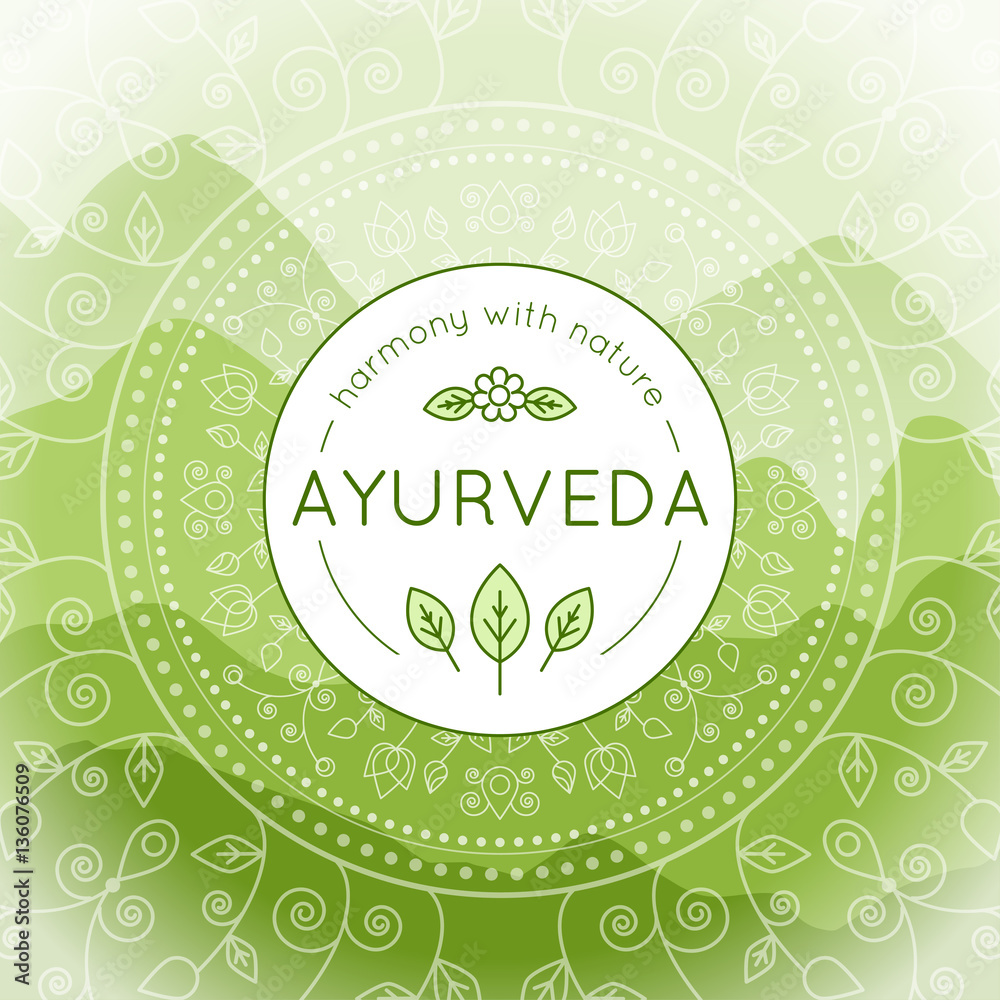 Vector Ayurveda illustration with mountains landscape, ethnic patterns ...