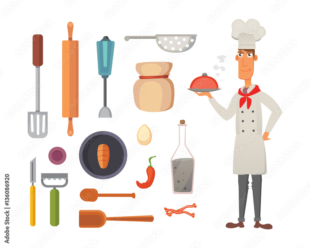 Set kitchen shelves and cooking utensils vector. Chef character concept ...