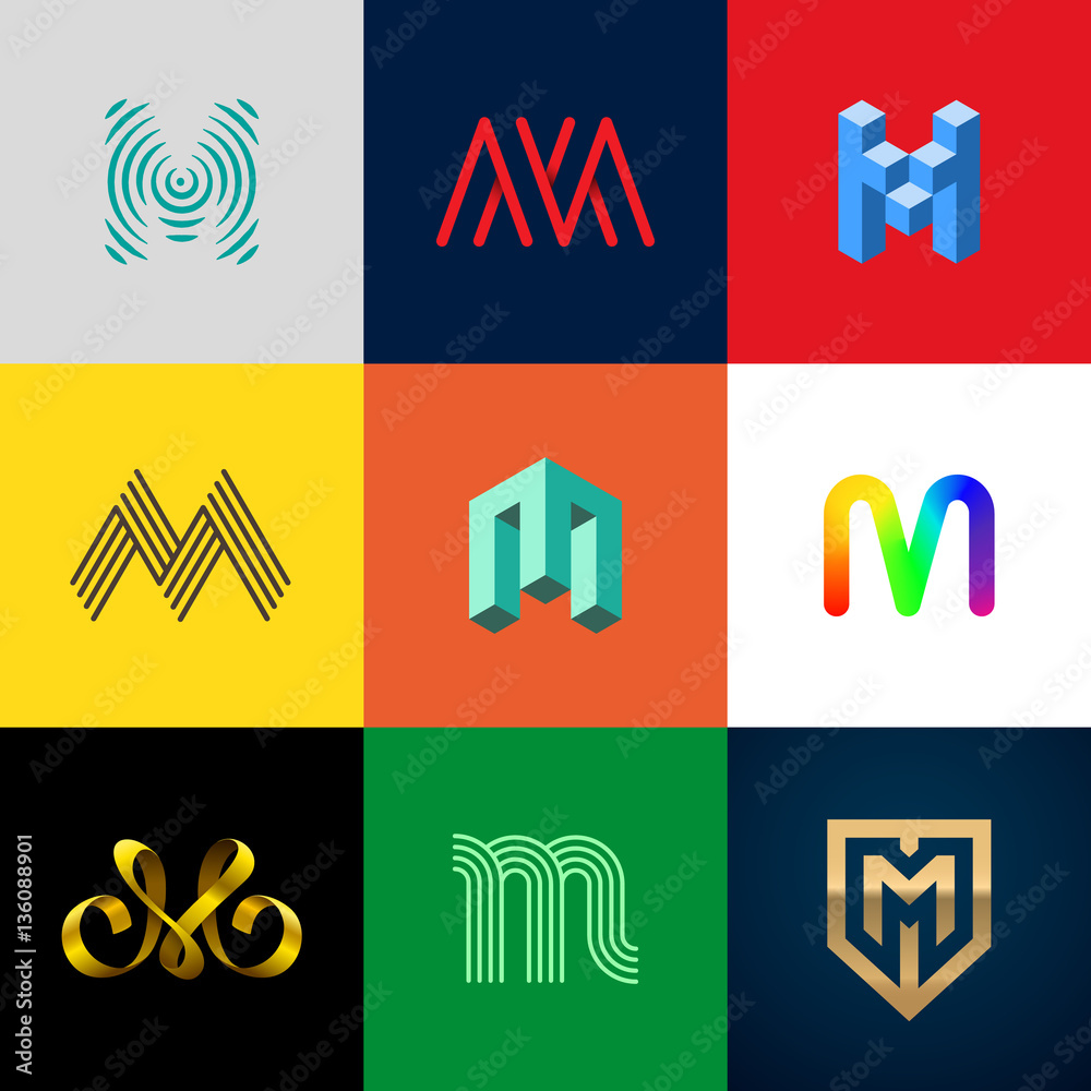 Letter "M" big logo pack. Creative vector monograms. Striped, ribbon ...