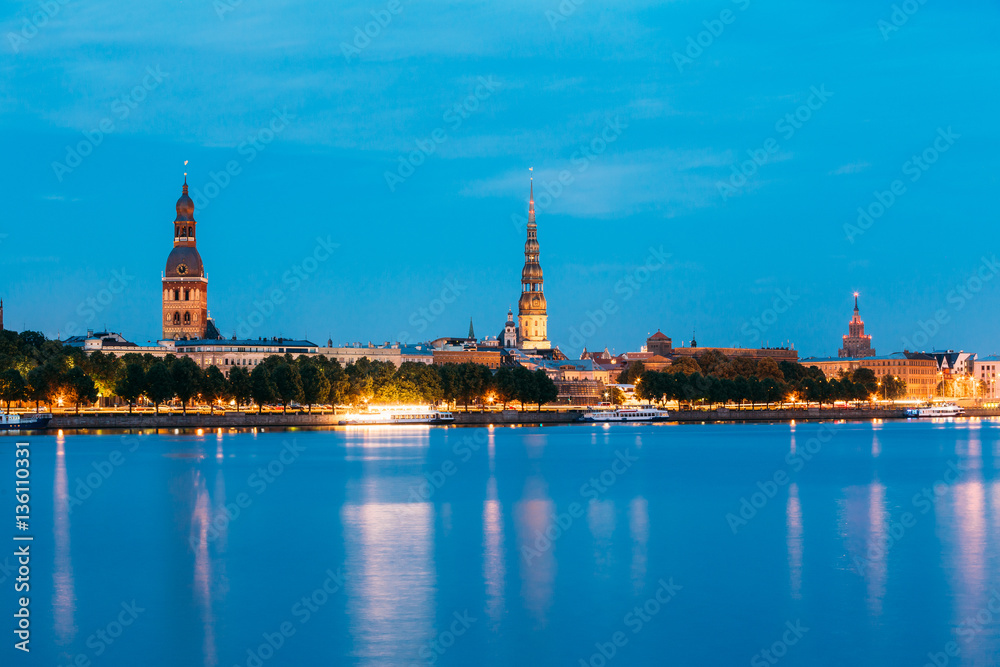 Riga, Latvia. Towers Of Riga Dome Cathedral And St. Peter's Church ...