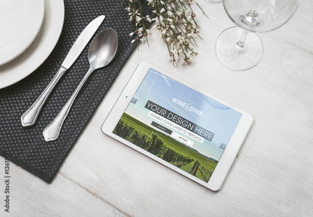 Tablet and Restaurant Table Mockup 2 Stock Template | Adobe Stock
