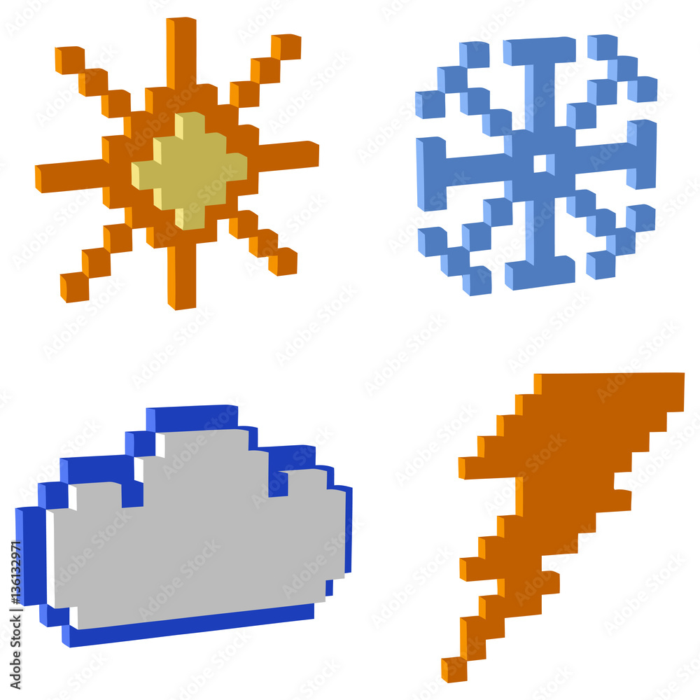 Weather icons of 3D pixel art for design project - vector illustration ...