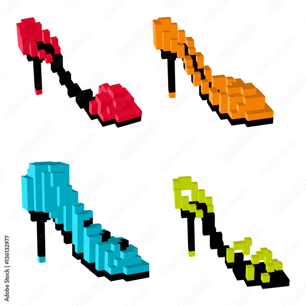 Women's shoes icons 3D pixel art for design project - vector ...