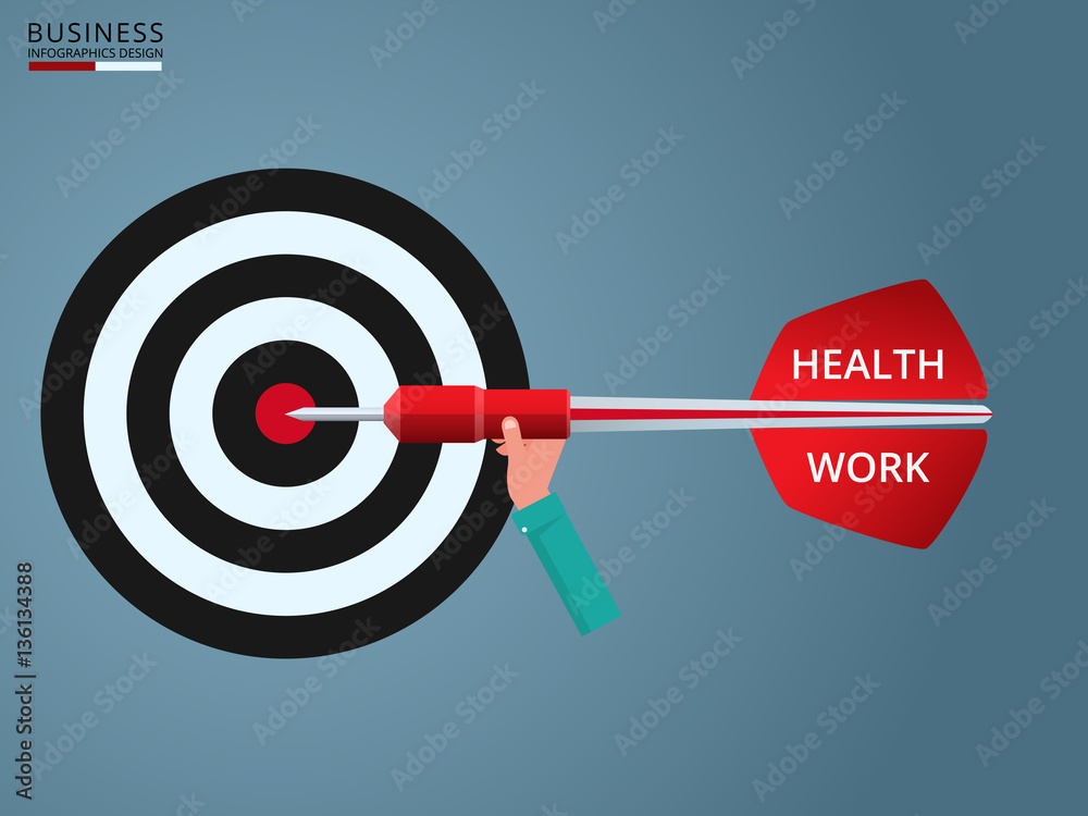 Goal setting. Hand holding dart with text " Health, Work" to target ...