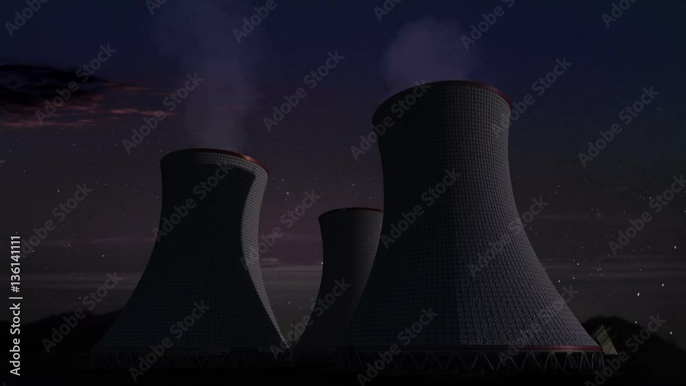 Smoked cooling tower of nuclear power plant, thermal power plant, night ...