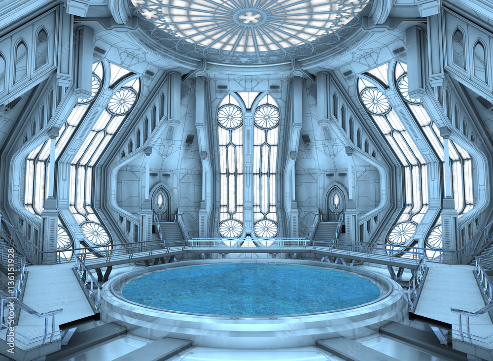 Sci-Fi space station interior with water pool 3d illustration Stock ...