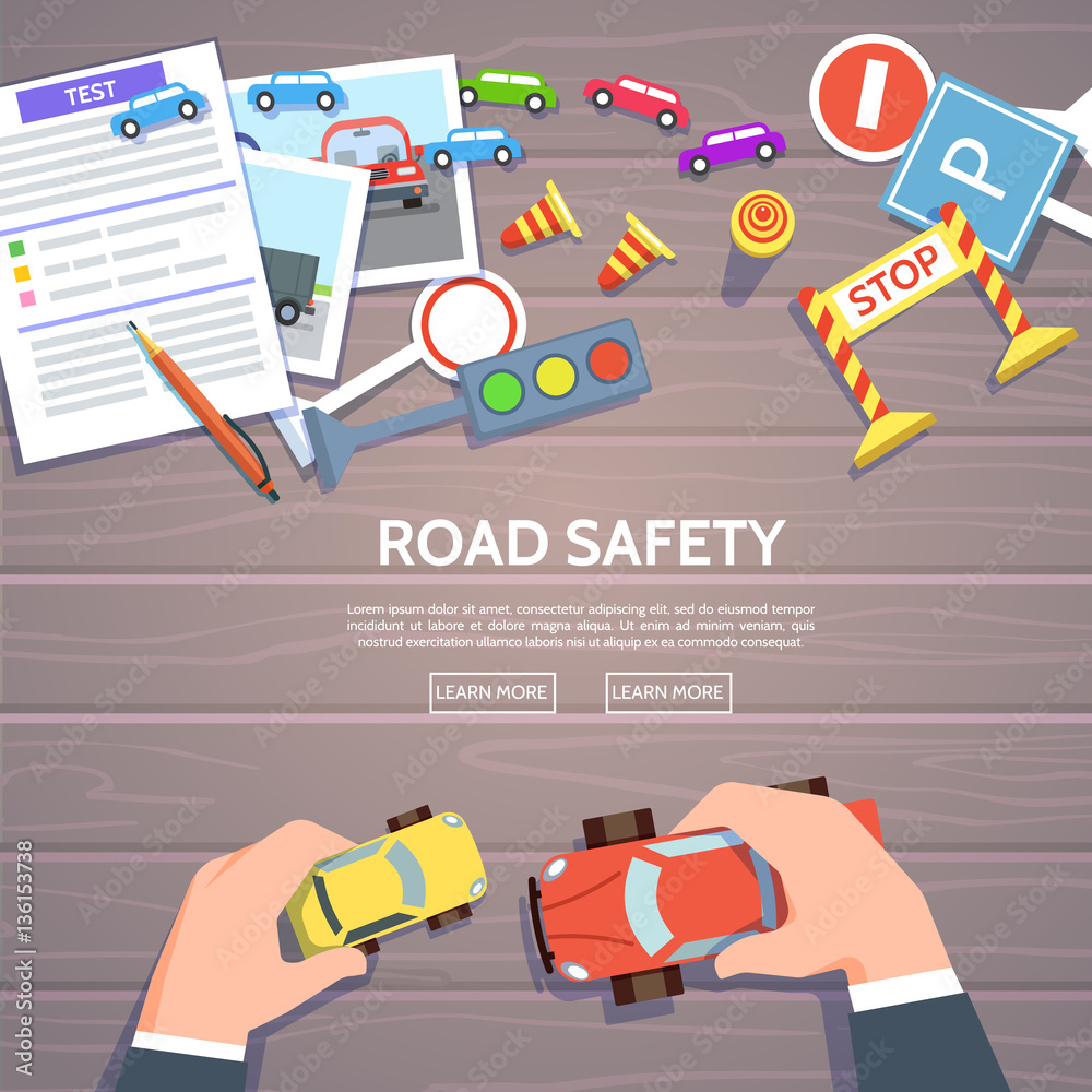 Road safety template with play car, road symbols. Vector illustration ...