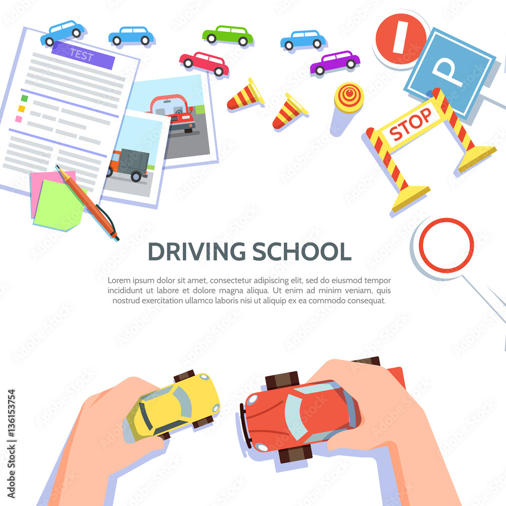 Driving school template with play car, road symbols. Vector ...
