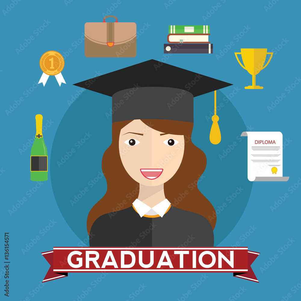 Graduation day. Woman graduates in hat and gown. Graduation vector icon ...