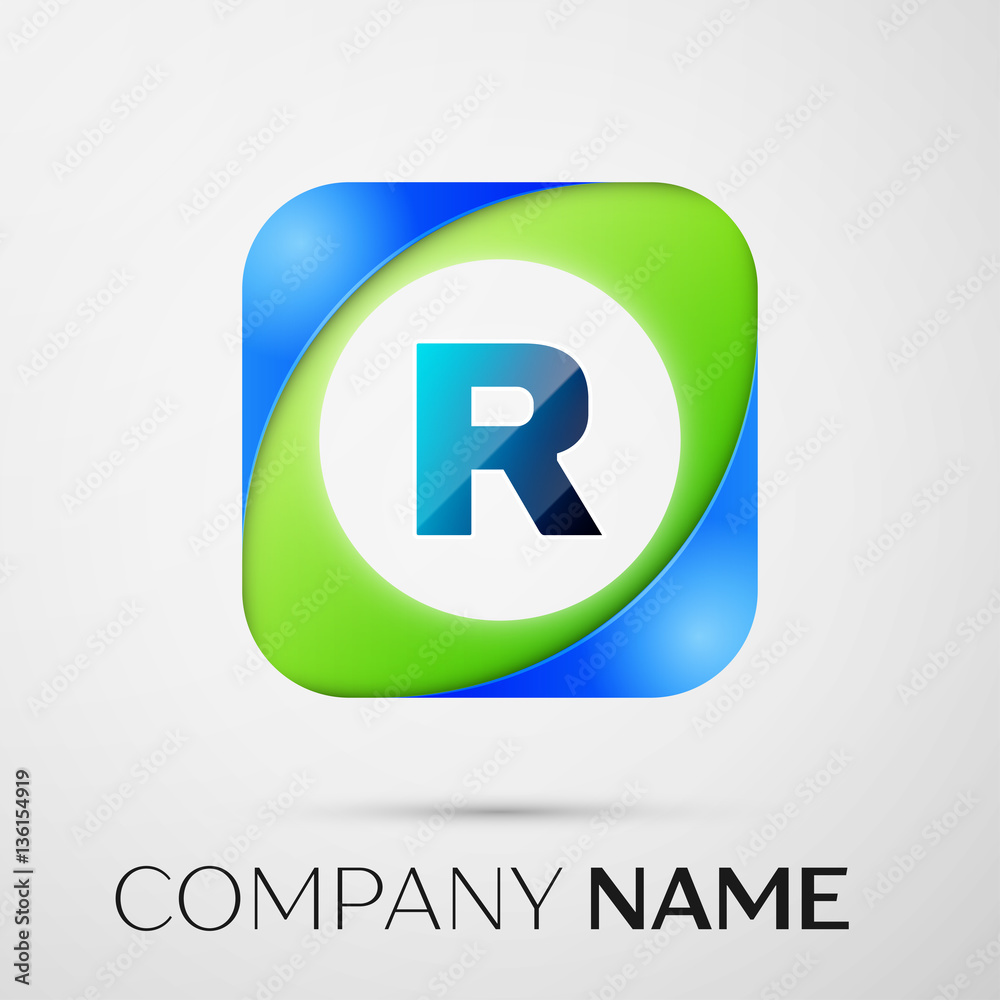 Letter R vector logo symbol in the colorful square on grey background ...