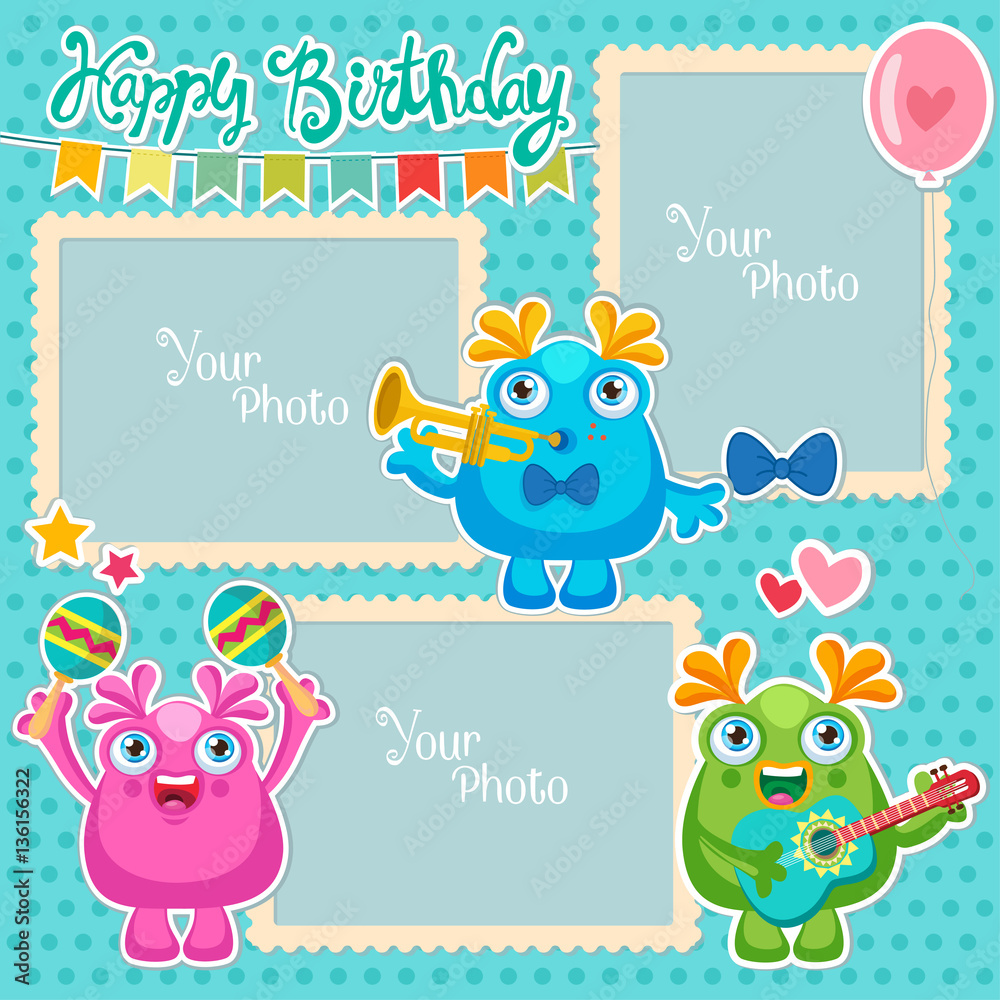 Birthday Vector Photo Frames With Cute Monsters. Decorative Template ...