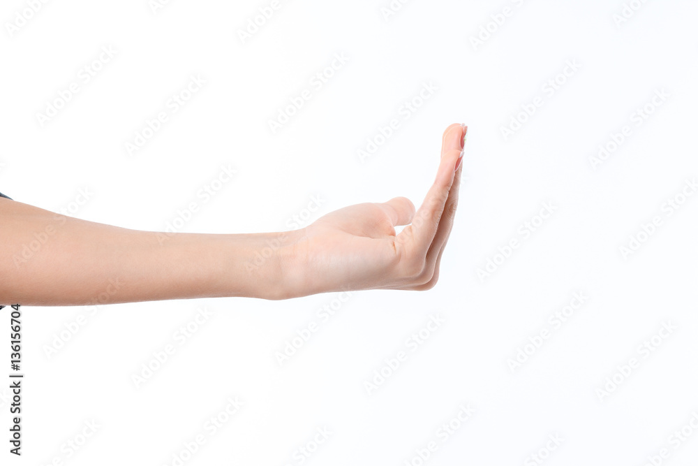female hand outstretched forward with raised up fingers isolated on ...