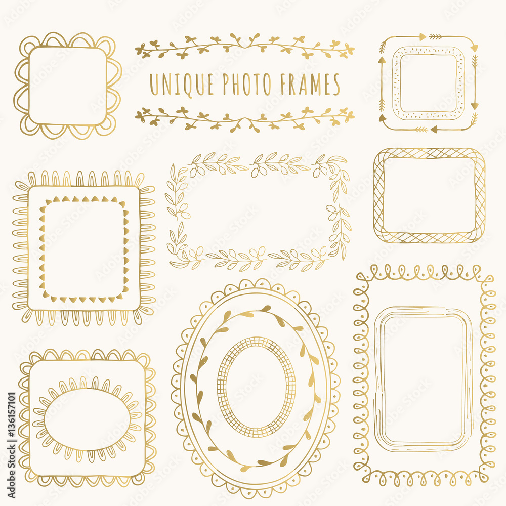 Set of fancy gold frames. Hand drawn ink borders. Golden vector ...