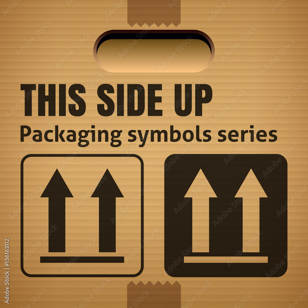 THIS SIDE UP packaging symbol on a corrugated cardboard box. For use on ...