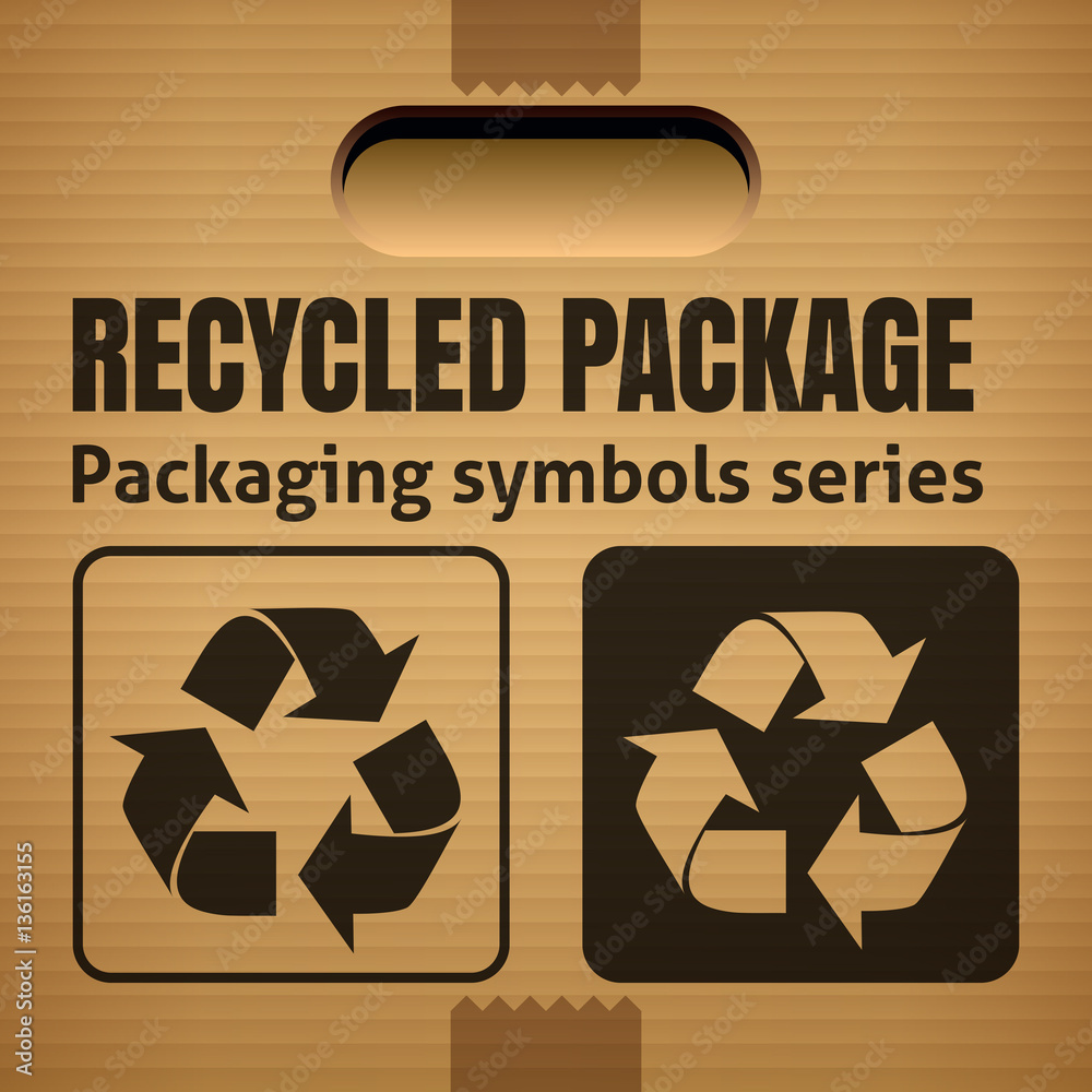 RECYCLED PACKAGE packaging symbol on a corrugated cardboard box. For ...