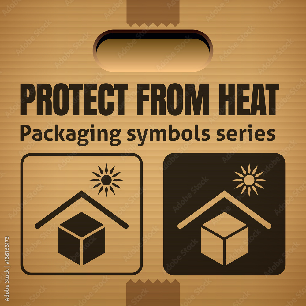 PROTECT FROM HEAT packaging symbol on a corrugated cardboard box. For ...