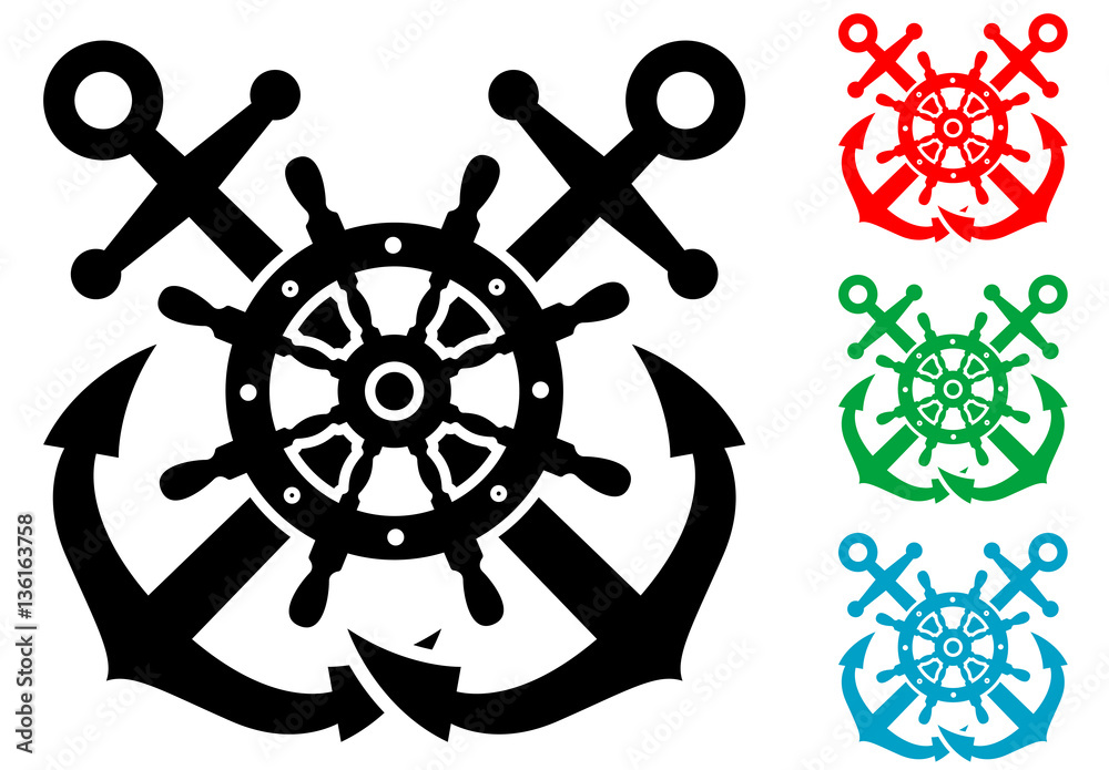 Icono plano timon sobre anclas en varios colores Stock Vector | Adobe Stock