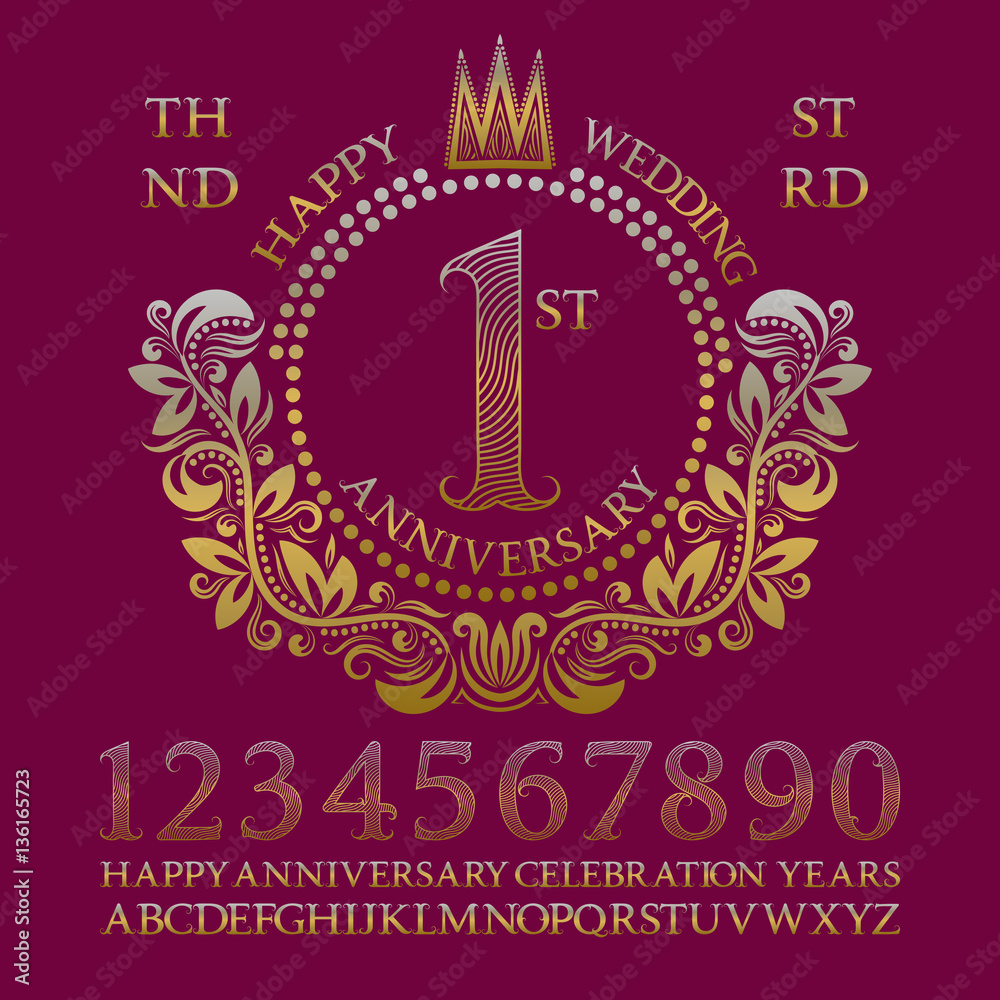 Happy wedding anniversary sign kit. Golden numbers, alphabet, frame and ...