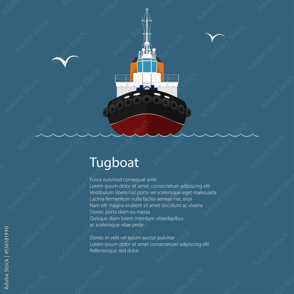 Front View of the Vessel Tugboat and Text, Push Boat, Tow Boat for to ...