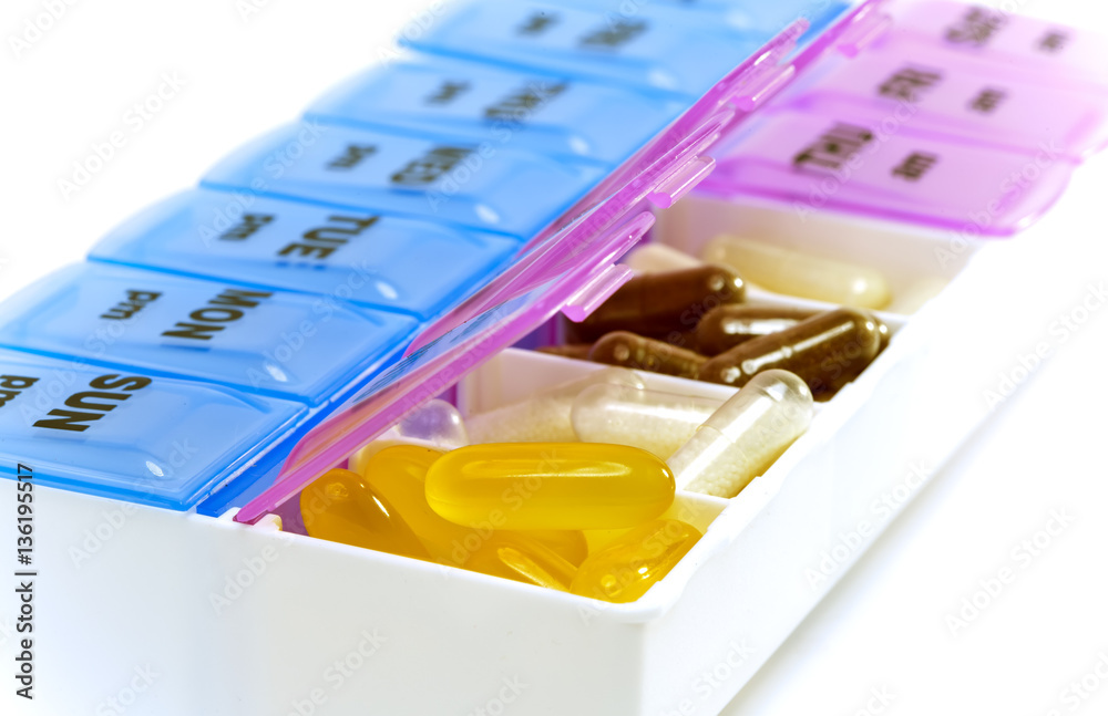 box for storage of drugs, with inscriptions on days of the week.. Stock ...